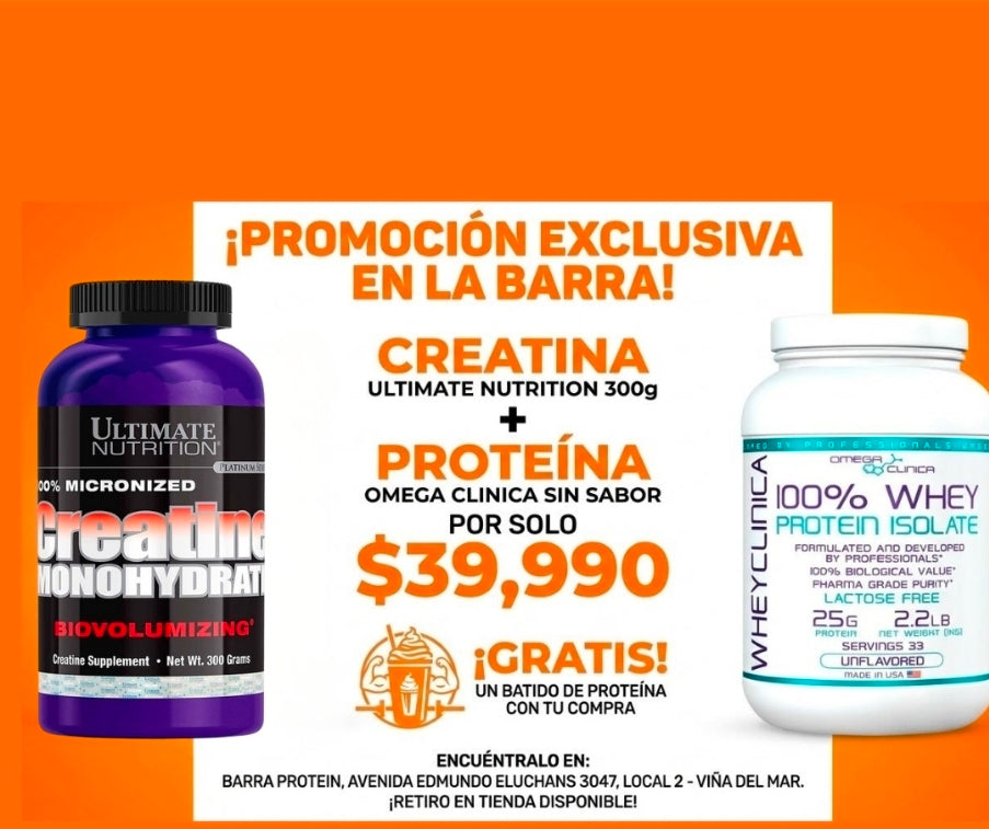 Promoción Creatina Muscle Grenade 300 gramos, Proteína Omega Clínica 2